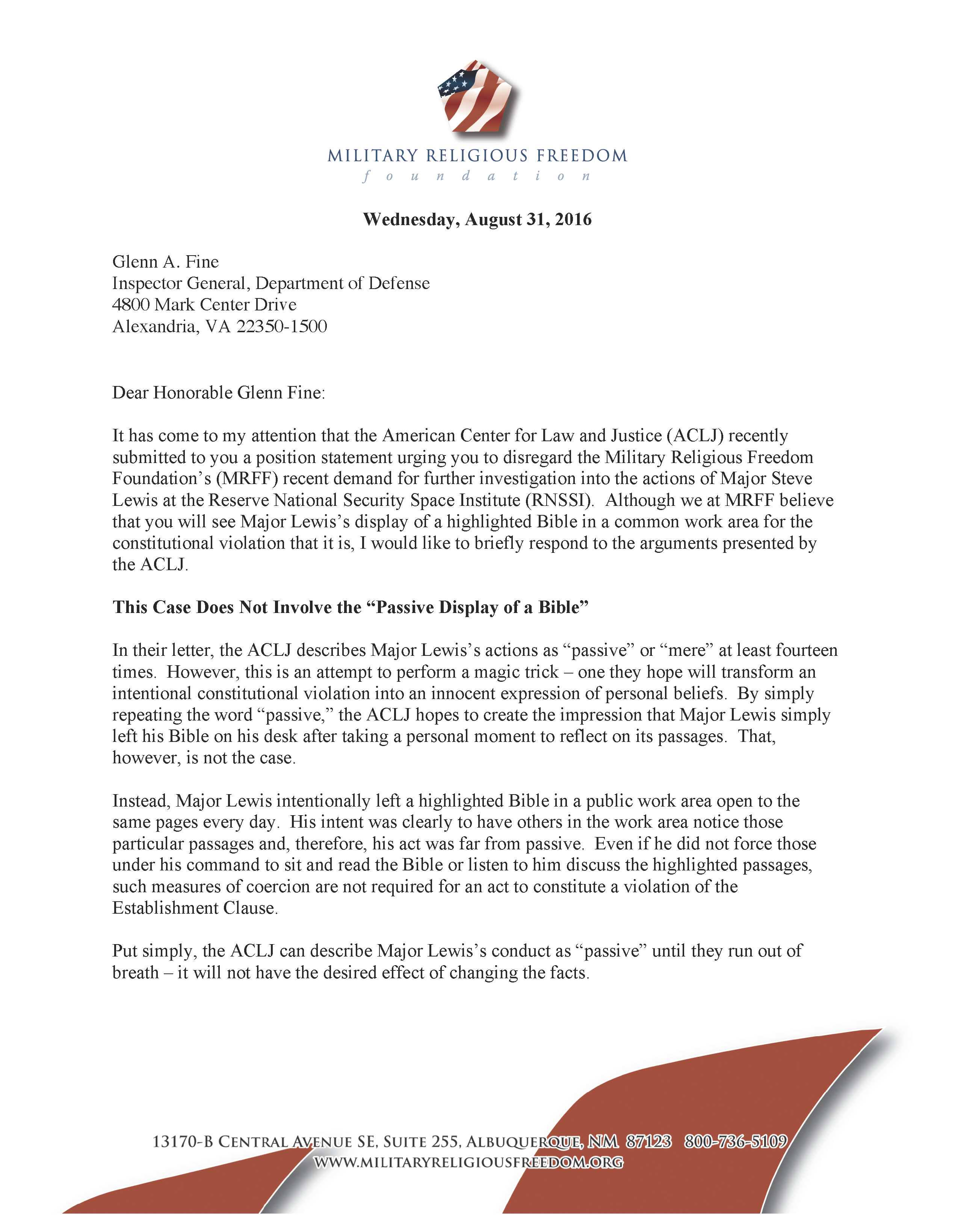 MRFF's Demand Letter Pressures Department of Defense Inspector General ...
